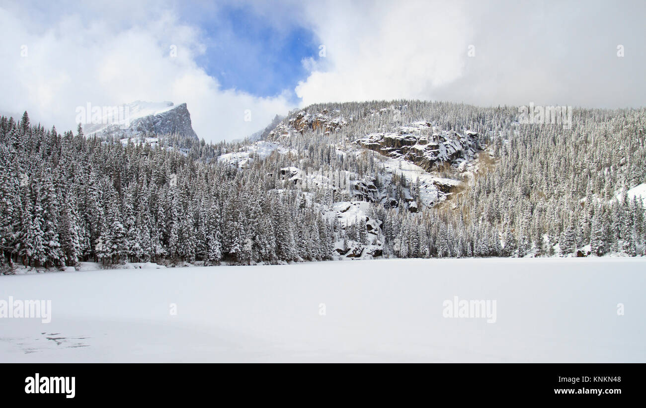 Frozen lake (Bear Lake, Rocky Mountain National Park), with mountains ...