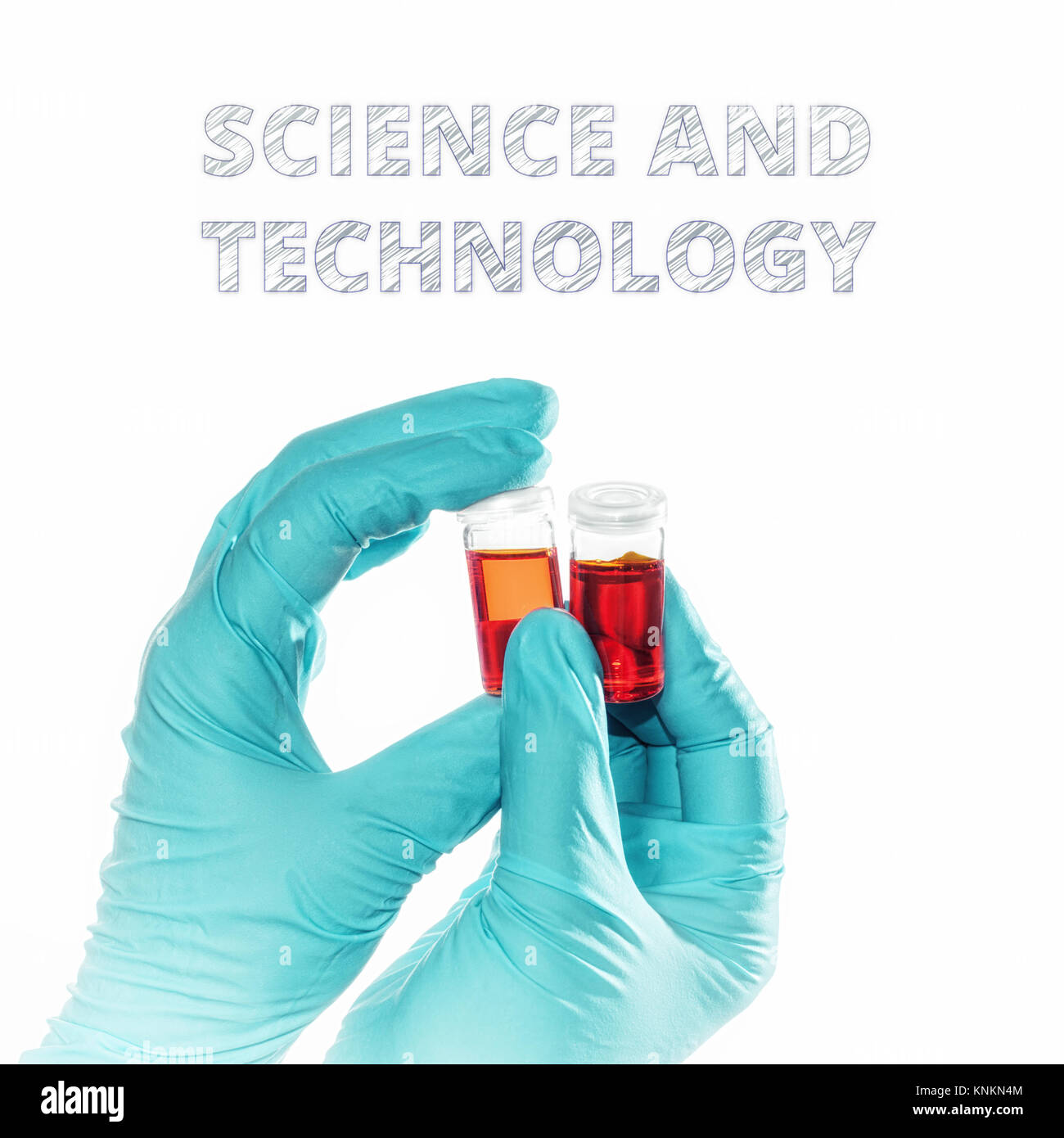 Hands in turquoise gloves hold two red liquid samples. Element for your ...