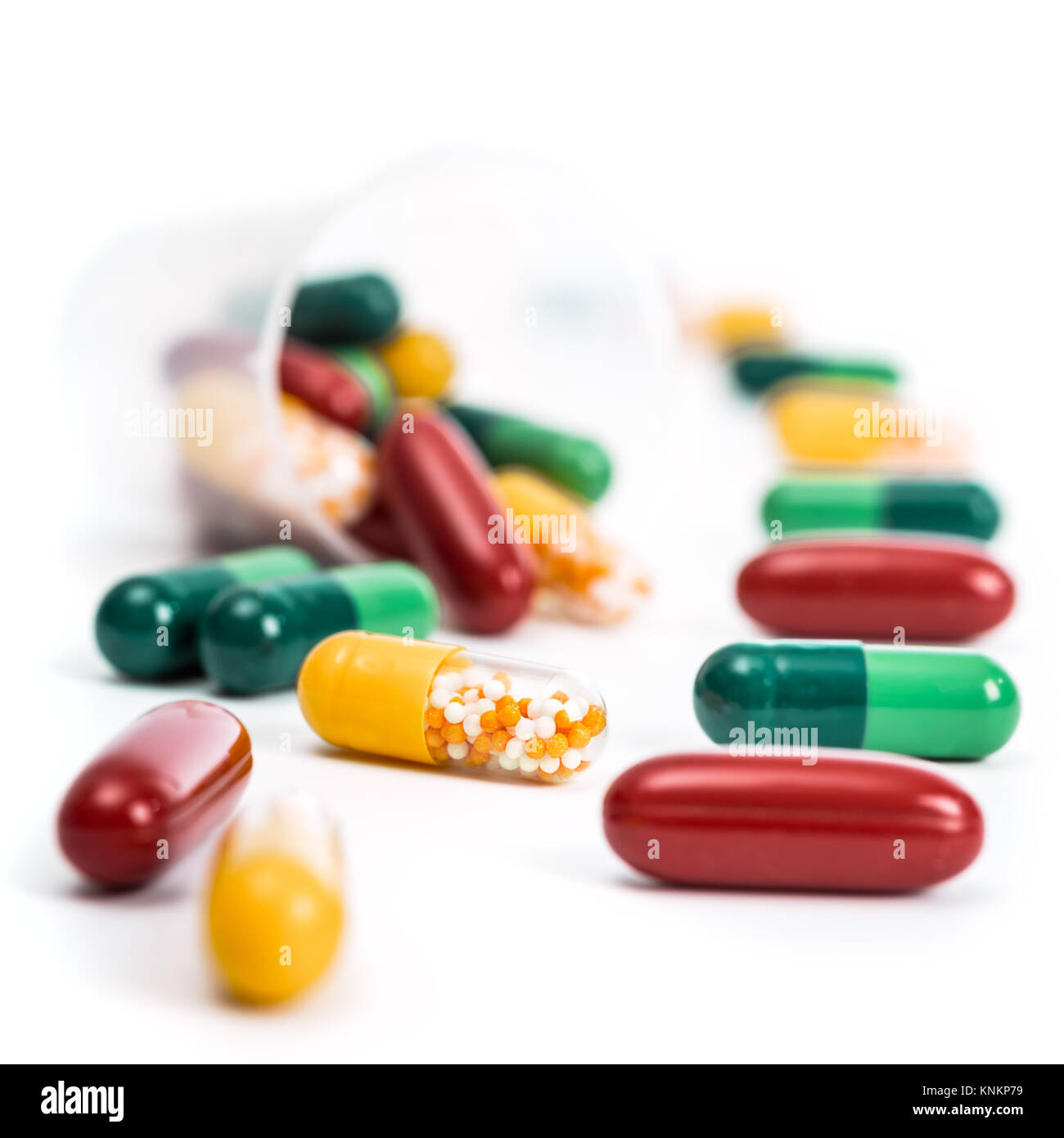 Assorted pills or capsules with medicaments on white background Stock ...