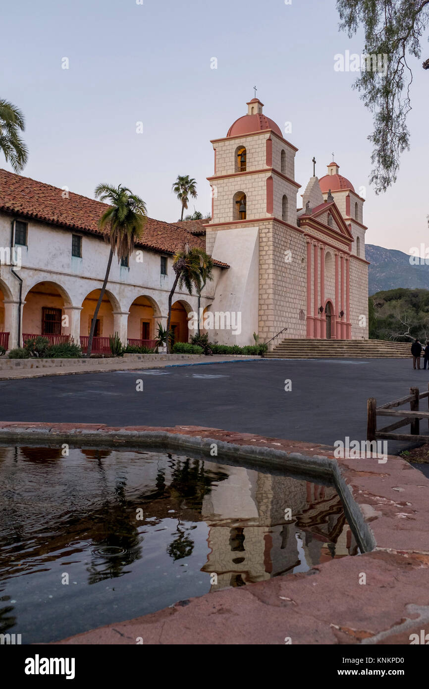 Vertical view of the front facade of the Santa Barbara Mission. The ...