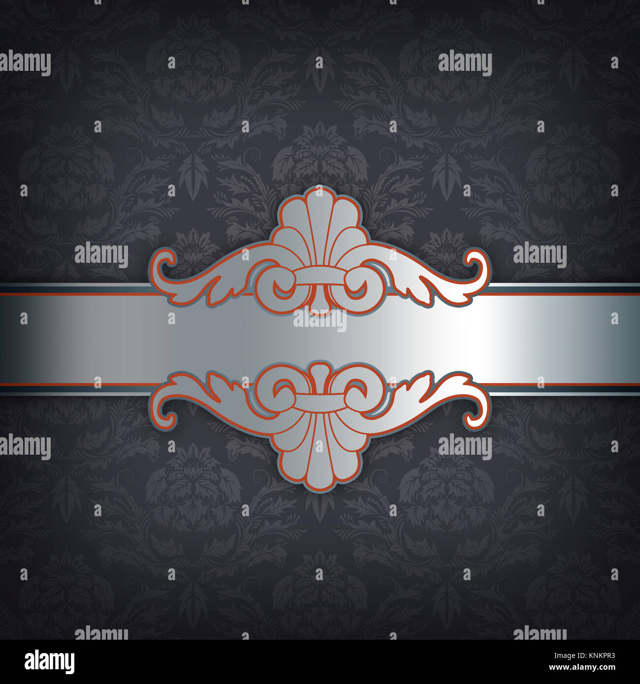 Black vintage background with decorative silver border and floral ...