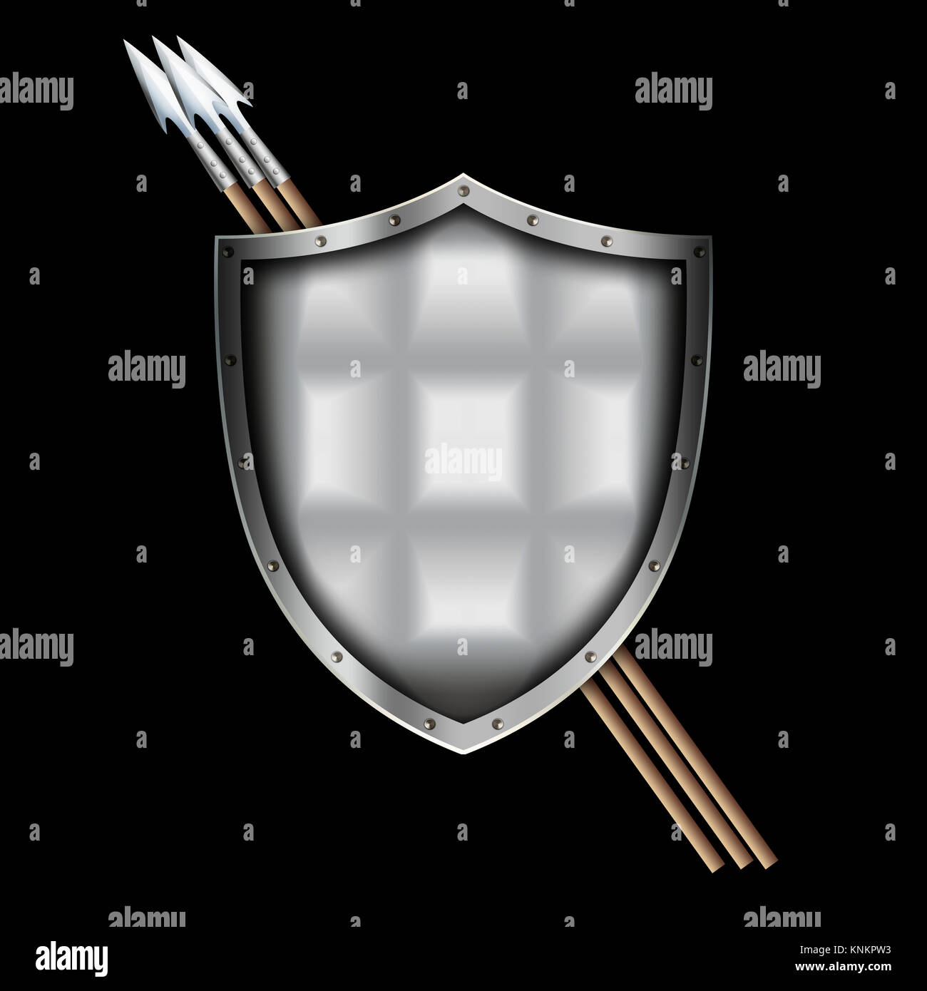 Ancient riveted shield and three spears on black background Stock Photo ...