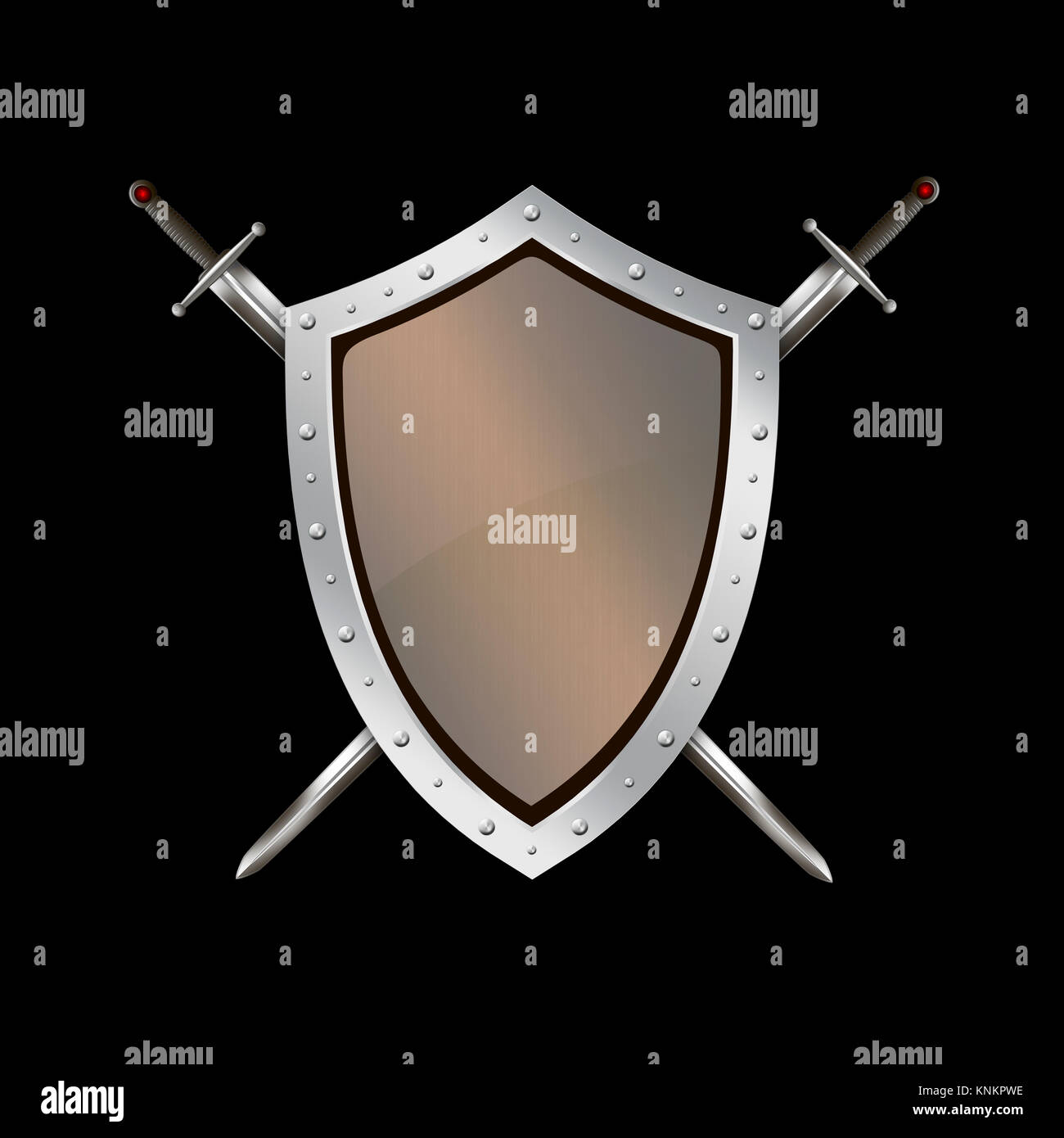 Medieval riveted shield and two swords on black background Stock Photo ...