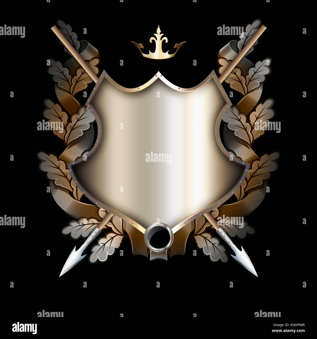 Medieval riveted shield with two spears and oal wreath on black ...