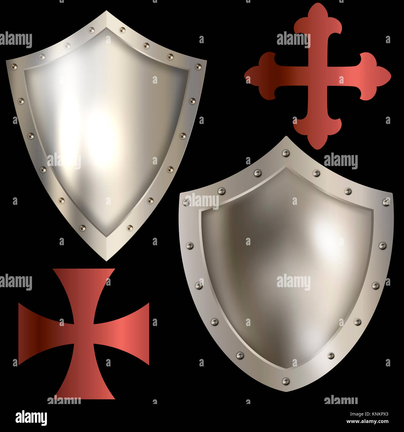 Heraldic shield with riveted border, maltese and fleuree cross isolated ...