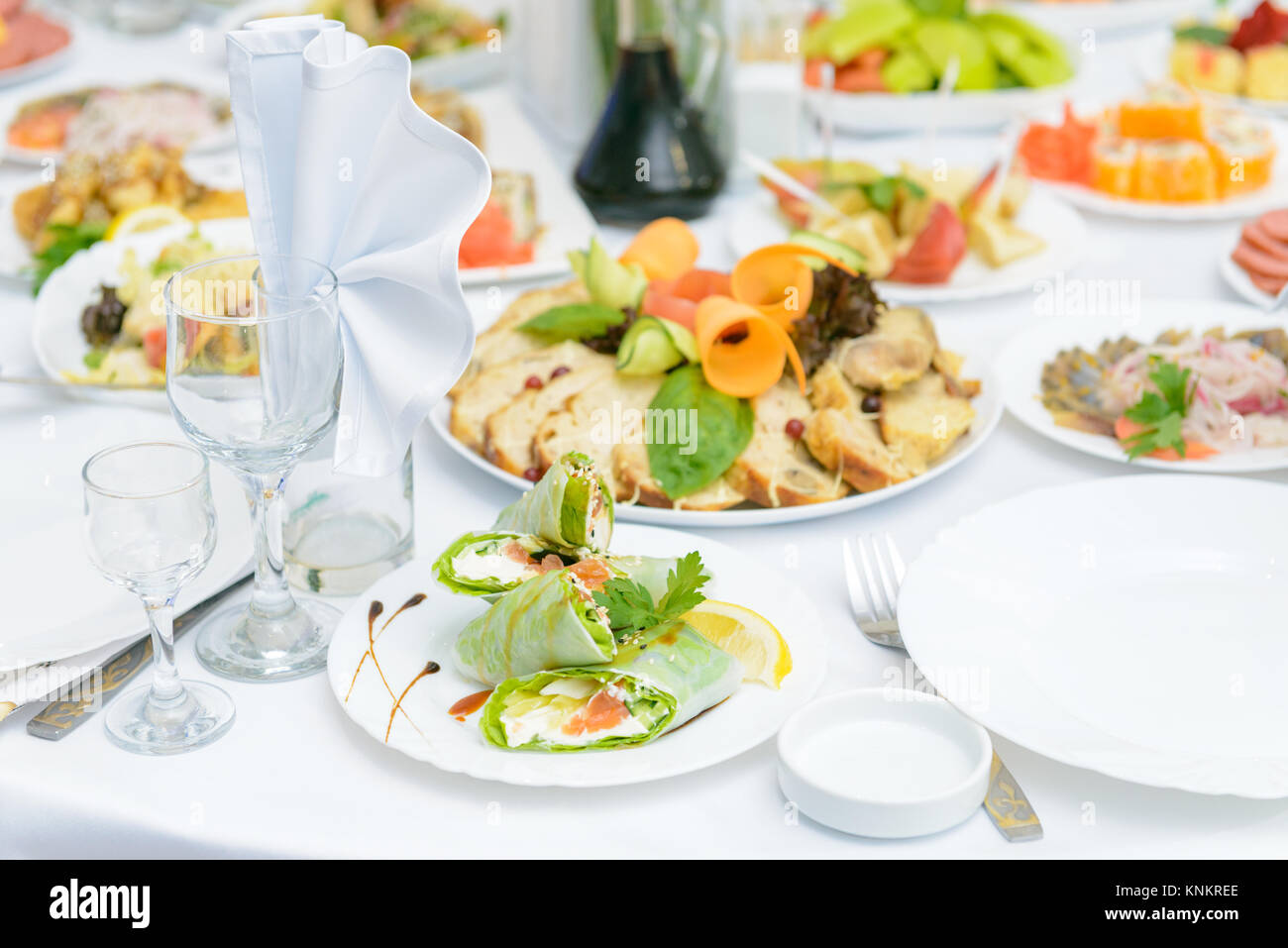 Fish and meat meals variety flat lay. Top view on buffet with ...
