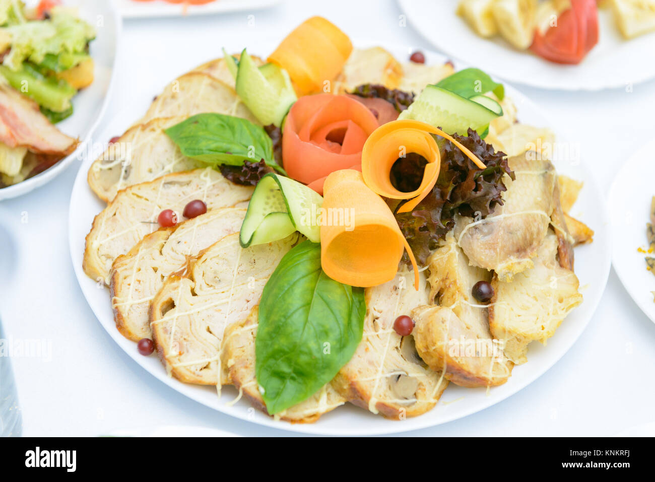 Fish and meat meals variety flat lay. Top view on buffet with ...