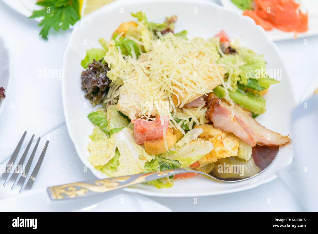 Fish and meat meals variety flat lay. Top view on buffet with ...