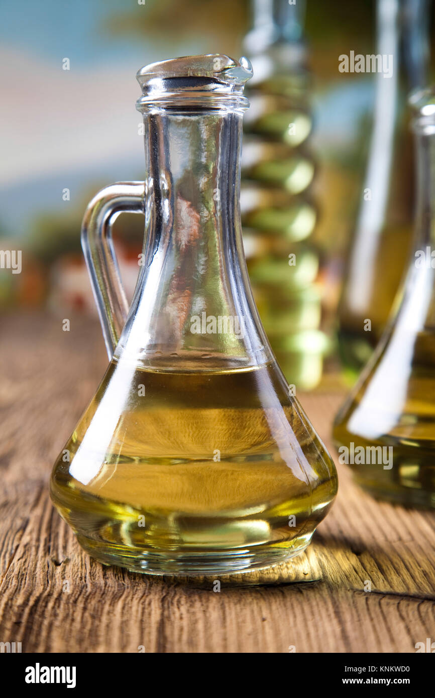Olive oil bottles, Mediterranean rural theme Stock Photo - Alamy