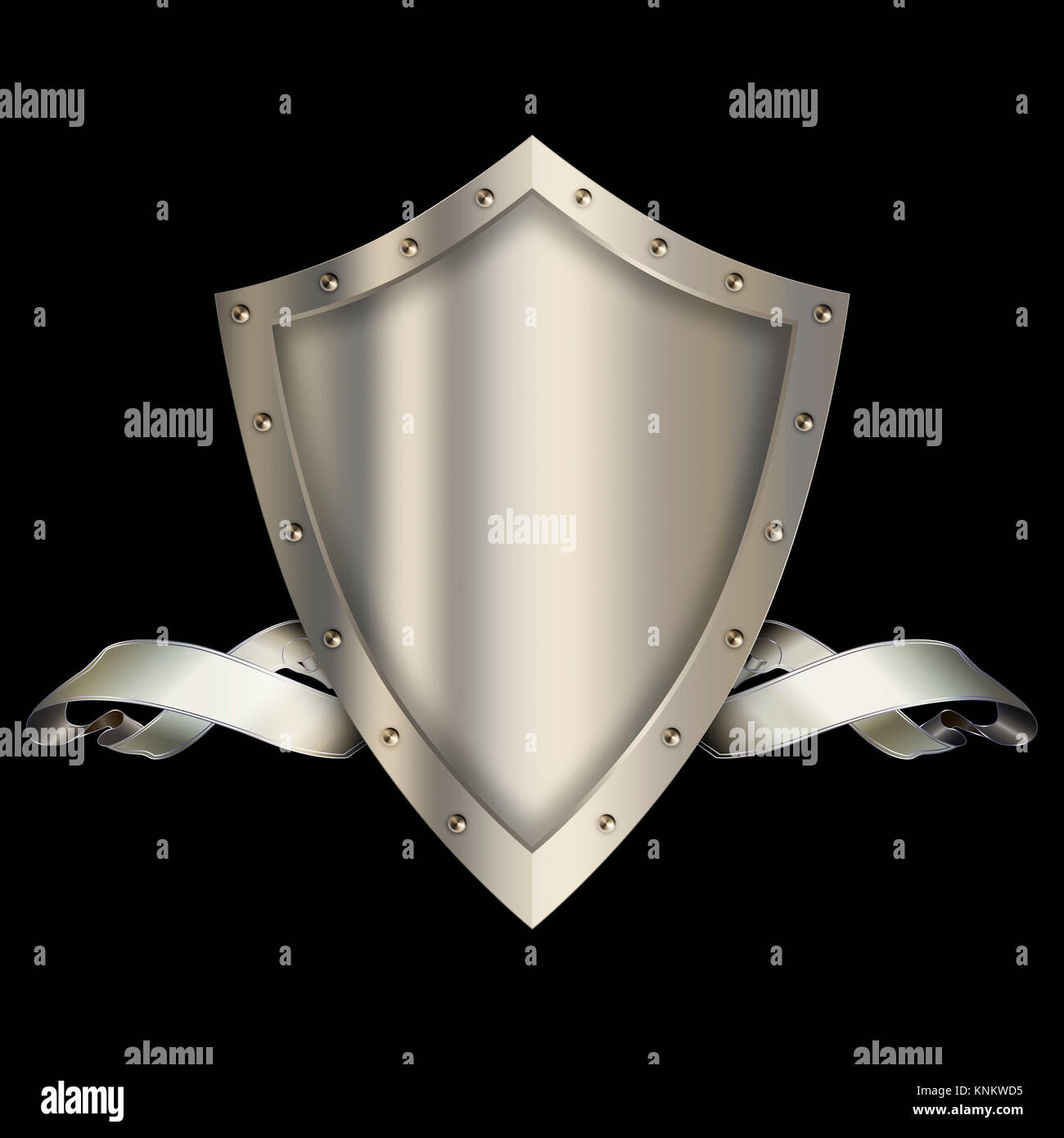 Medieval riveted shield and silver ribbon on black background Stock ...