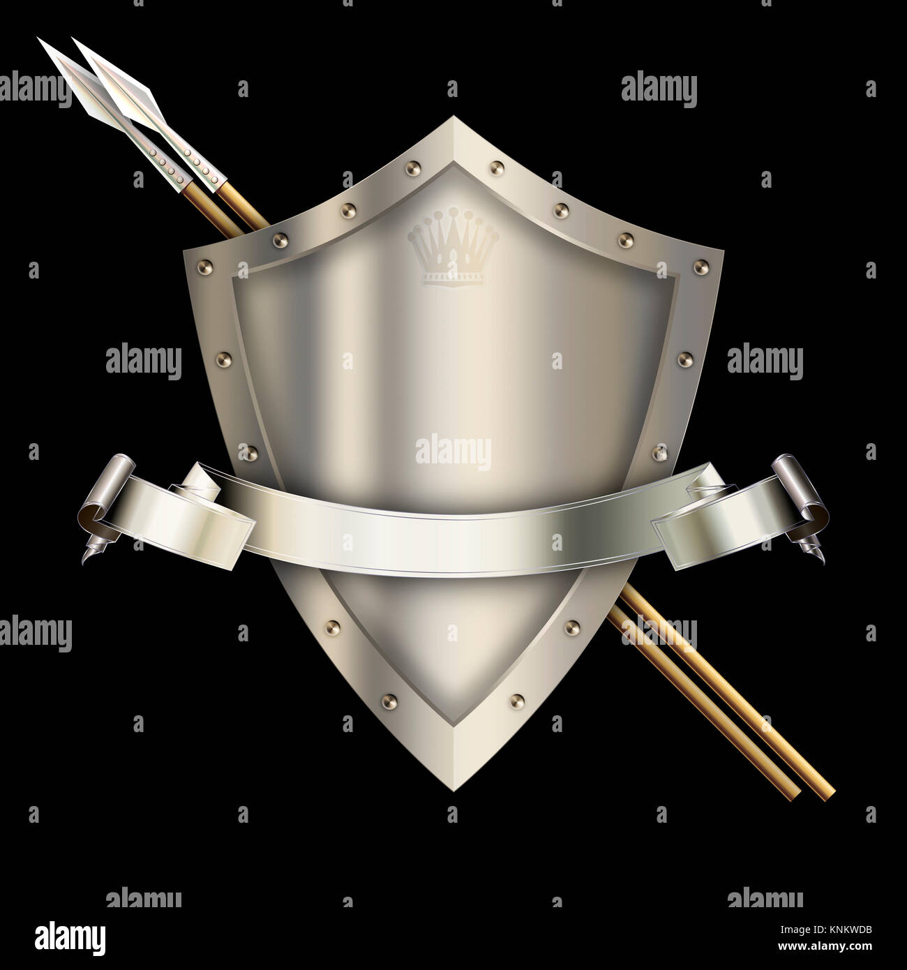 Medieval riveted shield with two spears and silver ribbon on black ...