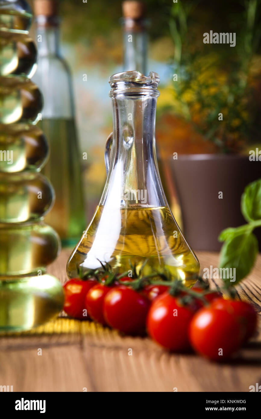 Olive oil bottles, Mediterranean rural theme Stock Photo - Alamy