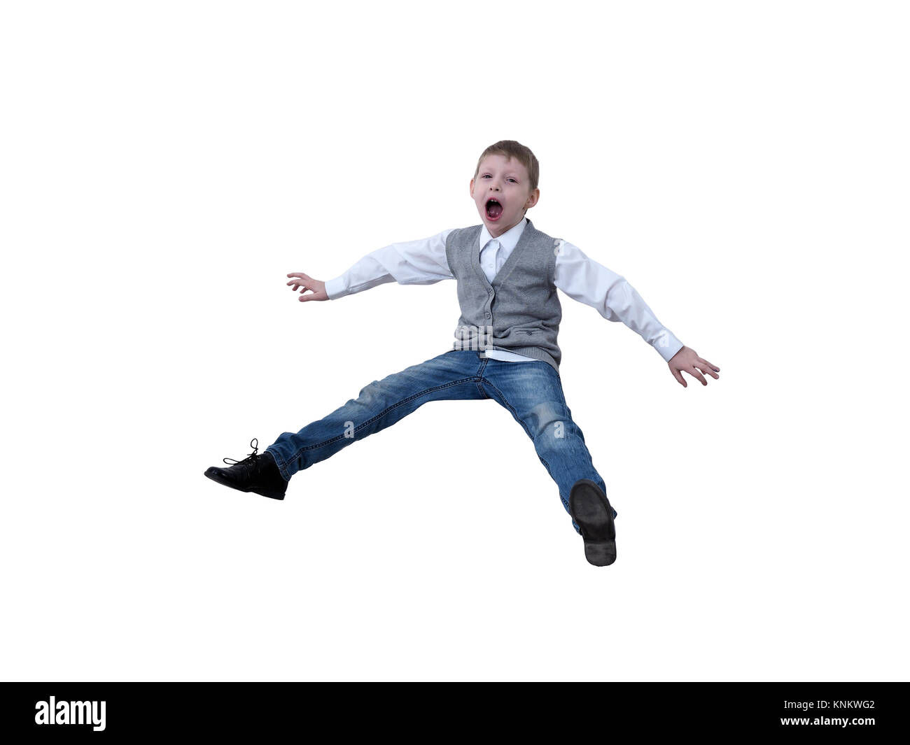 Child jump screaming. White background, movement - flight Stock Photo ...