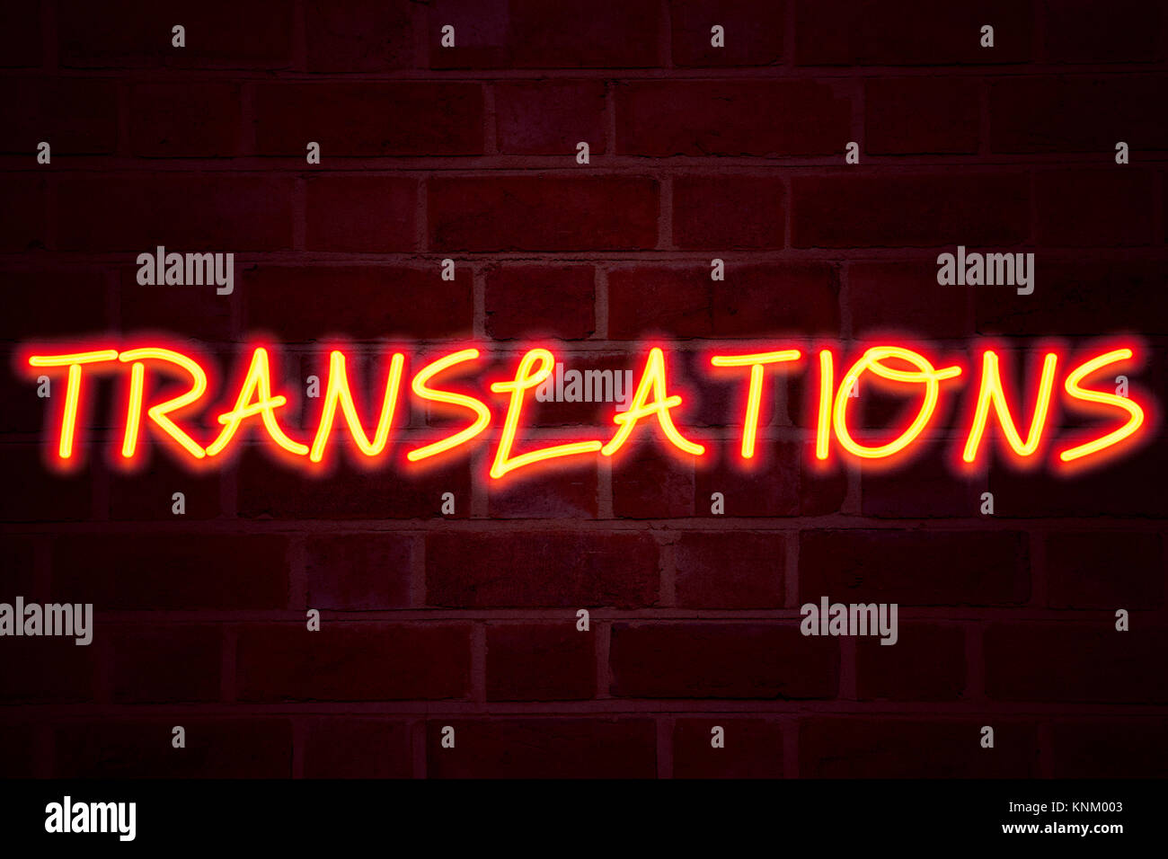 Translations neon sign on brick wall background. Fluorescent Neon tube ...