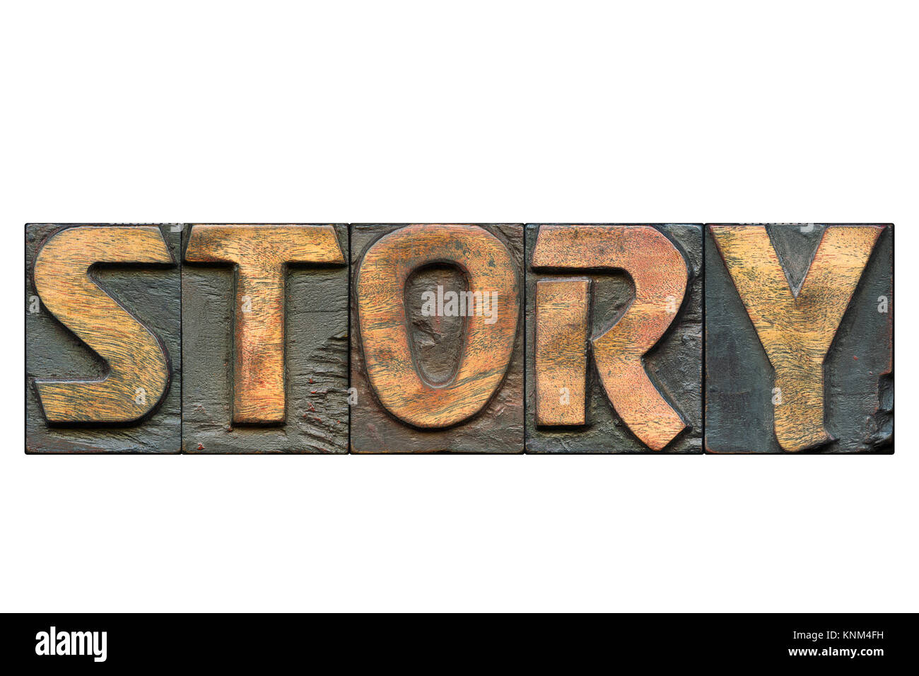 story word made from vintage bold letterpress blocks isolated on white ...
