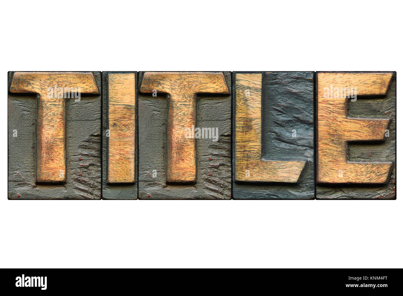 title word made from vintage bold letterpress blocks isolated on white ...