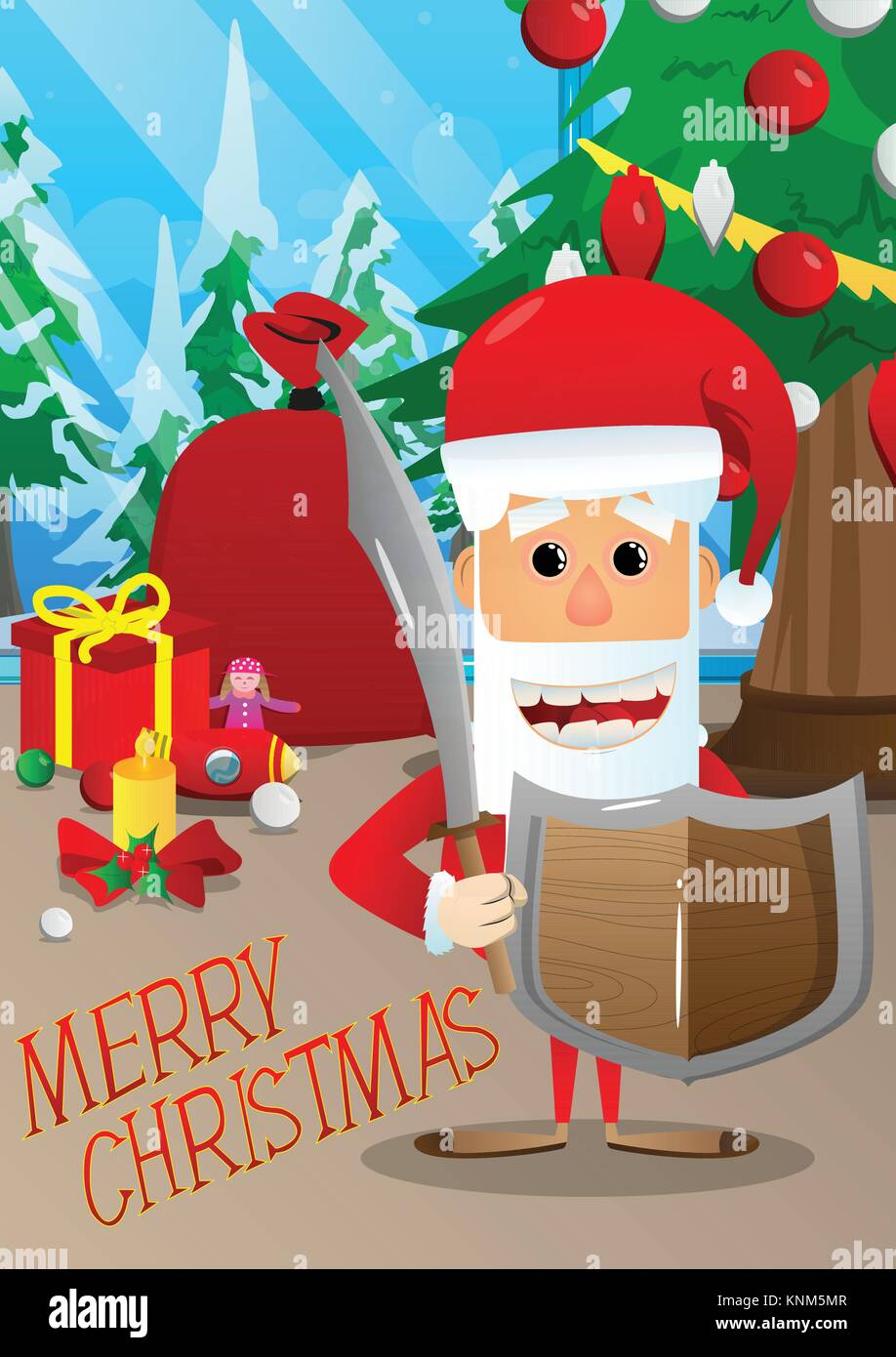 Santa Claus preparing to give a sword and shield for Christmas. Vector ...