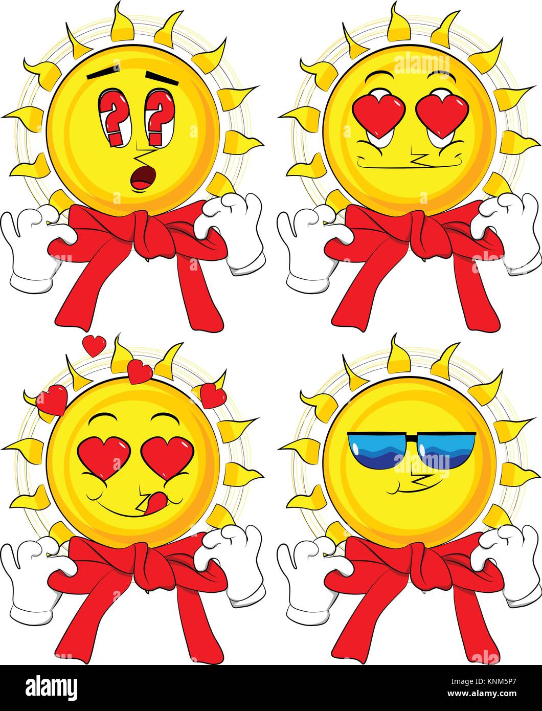 Cartoon sun tying ribbon on its neck. Collection with various facial ...