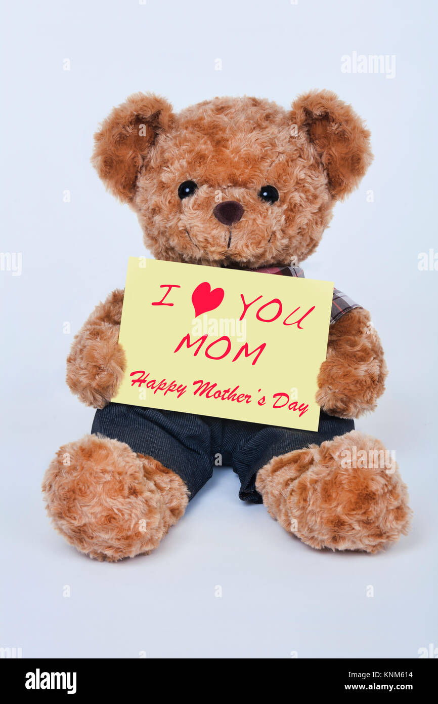 A cute teddy bear holding a yellow sign that says I love mom for ...