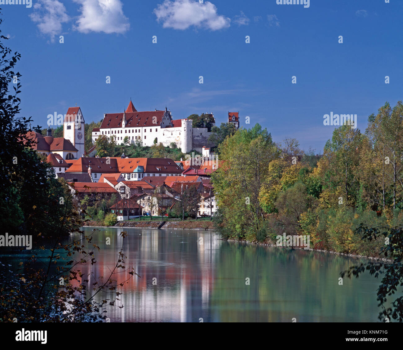 Fussen Castle and town reflecting in the River Lech, Bavaria, Germany ...