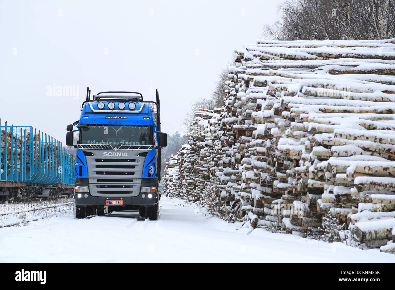 SALO, FINLAND - NOVEMBER 22, 2014: Blue Scania V8 logging truck at Salo ...