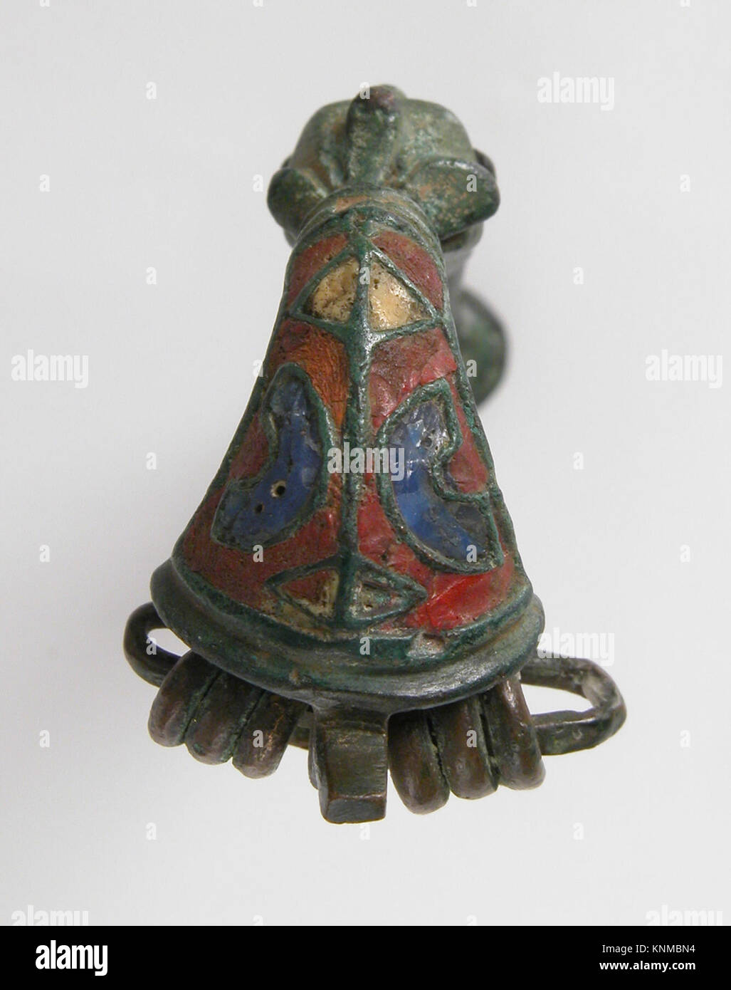 2nd-century Roman bow brooch, bronze with champlevé enamel, shown in a ...