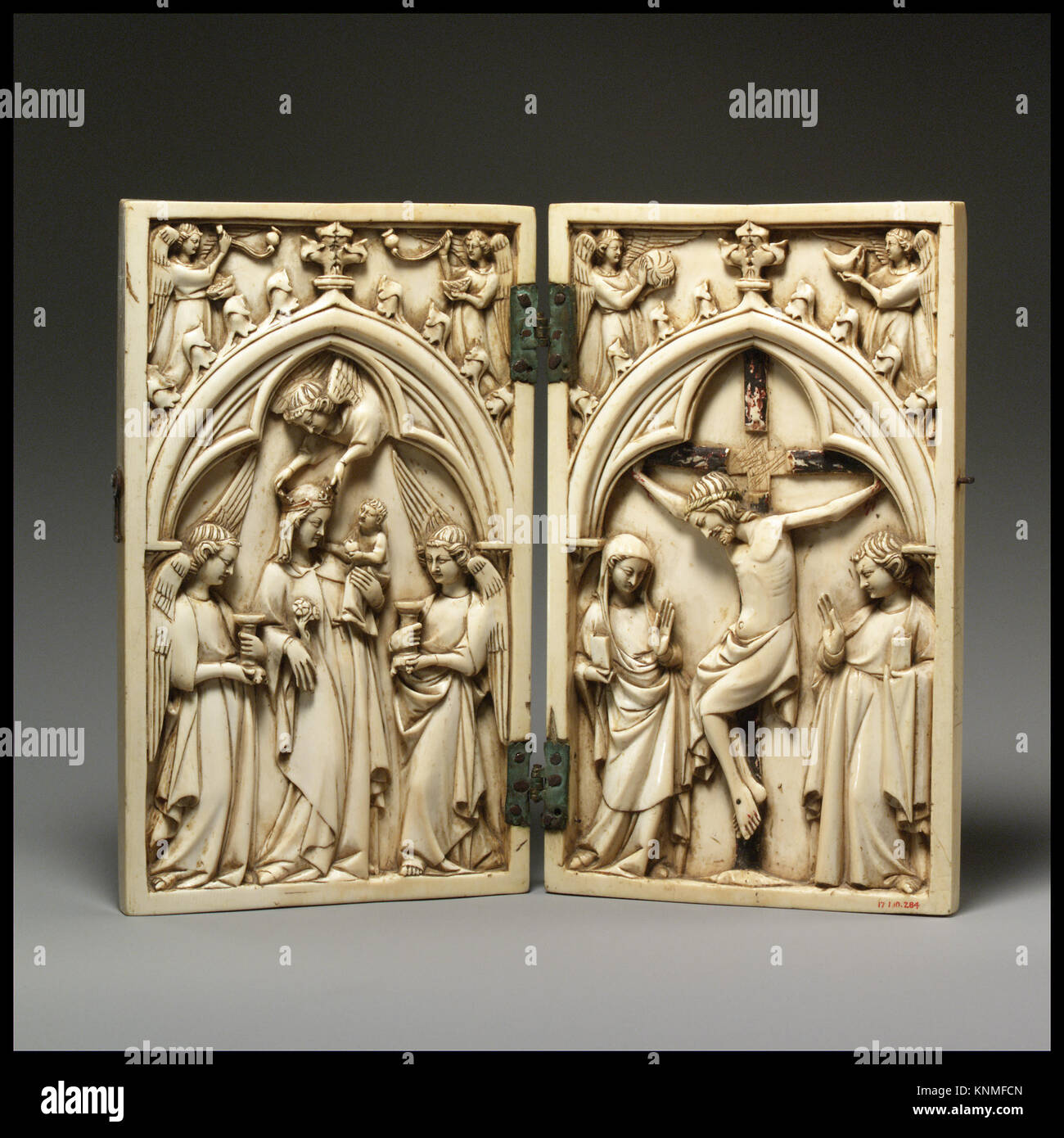 Diptych with Virgin and Child and Crucifixion, 14th century, French, Medium: Ivory with metal ...