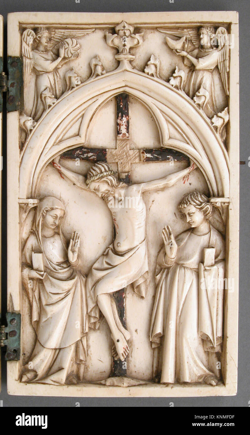 Diptych with Virgin and Child and Crucifixion, 14th century, French, Medium: Ivory with metal ...