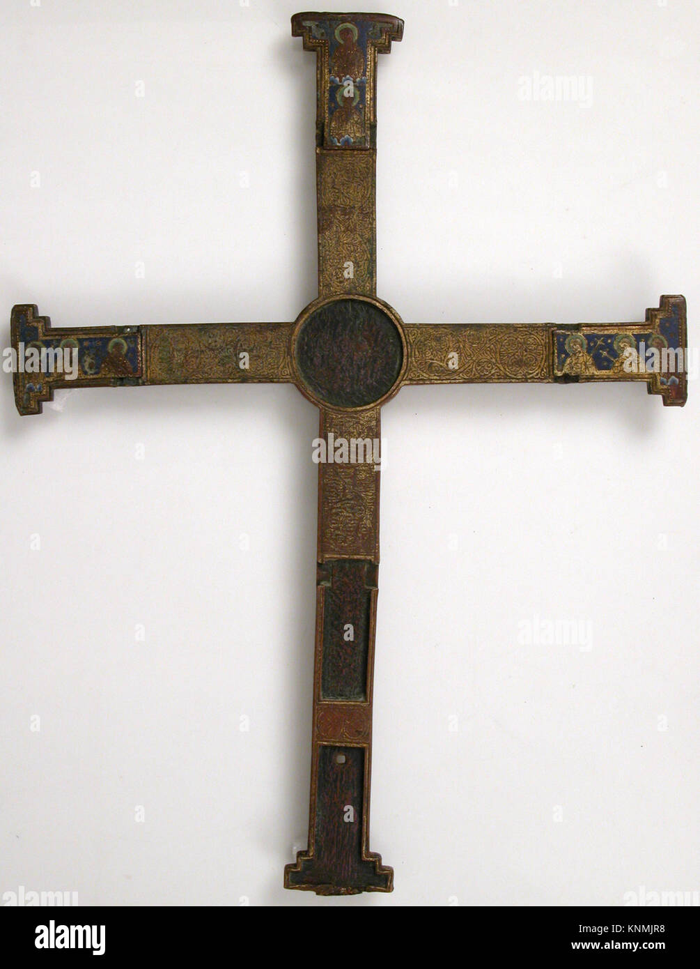 A circa 1180 French cross with engraved and gilt copper, champlevé ...