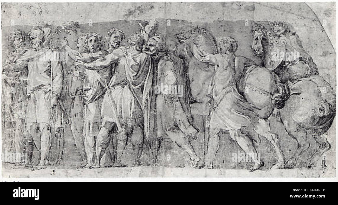 Frieze showing male figures alongside two horses, depicting a ...