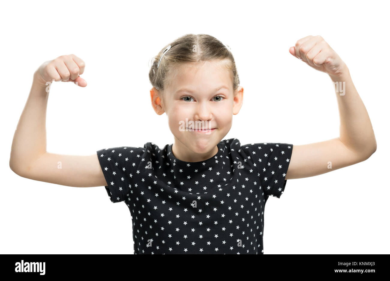 Child shows strength, on white background isolated Stock Photo - Alamy