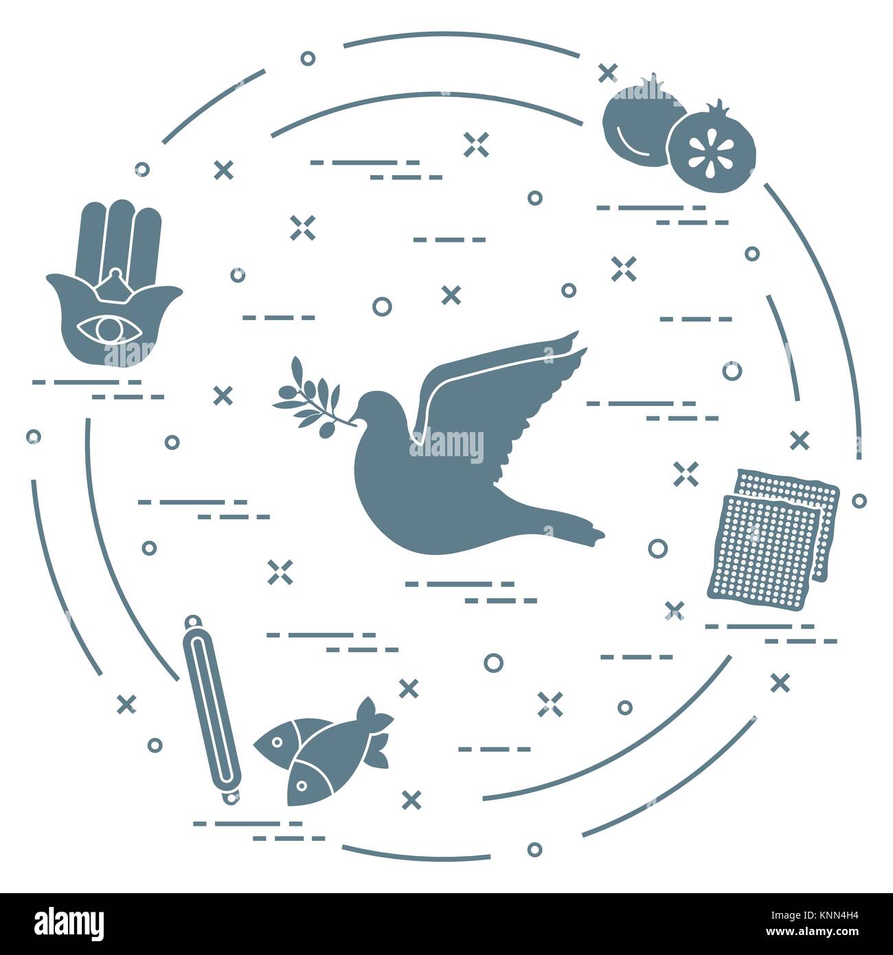 Jewish symbols: dove, olive branch, pomegranate, matzah, fish, hamsa ...