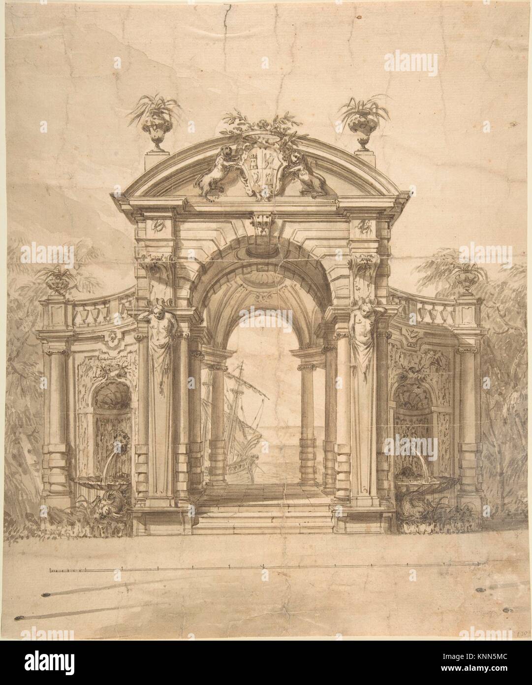 Design for a Stage Set: Triumphal Arch with Fountains in the Side ...