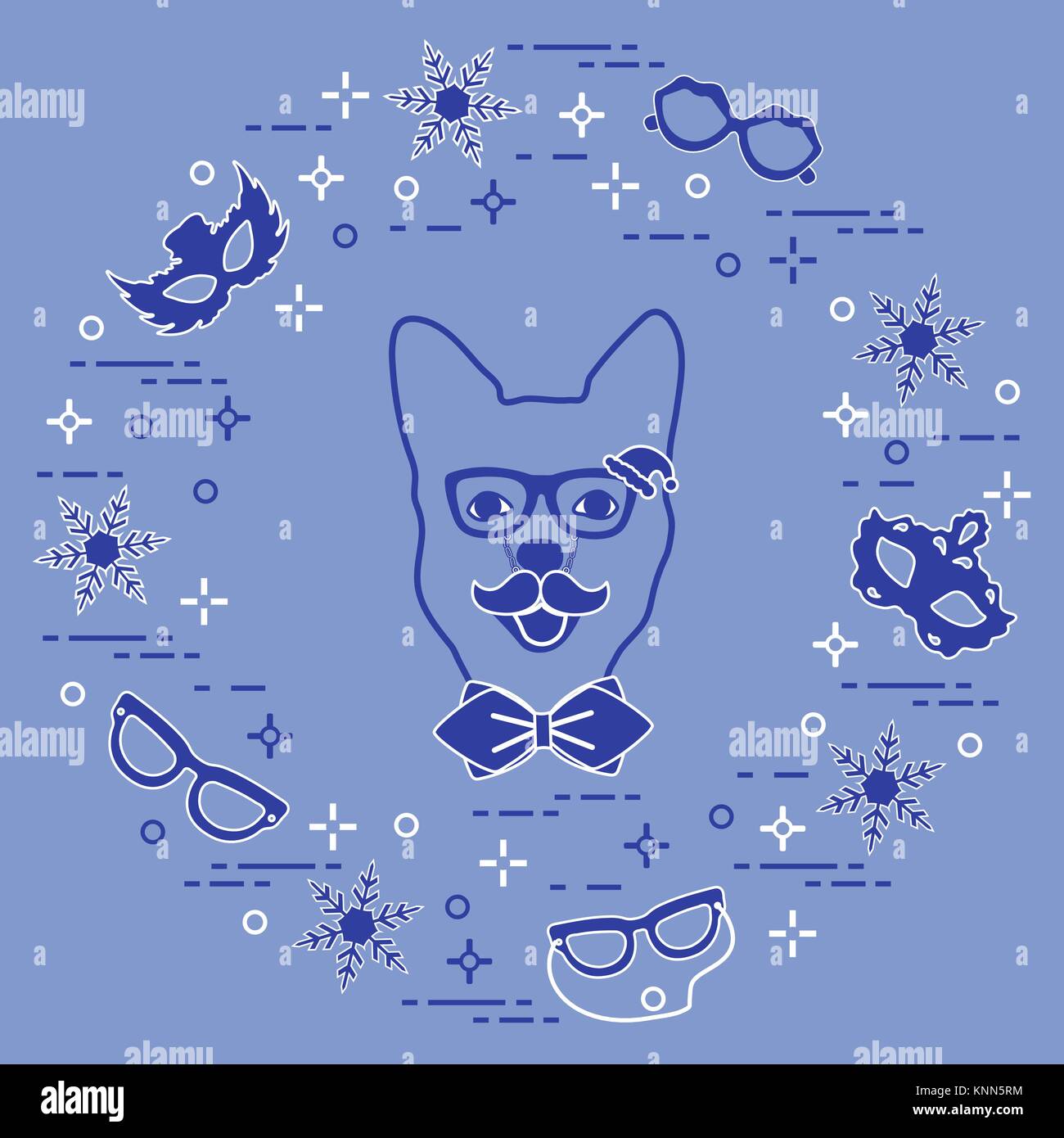 Muzzle of dog in carnival costume, masks, snowflakes, glasses, mustache ...