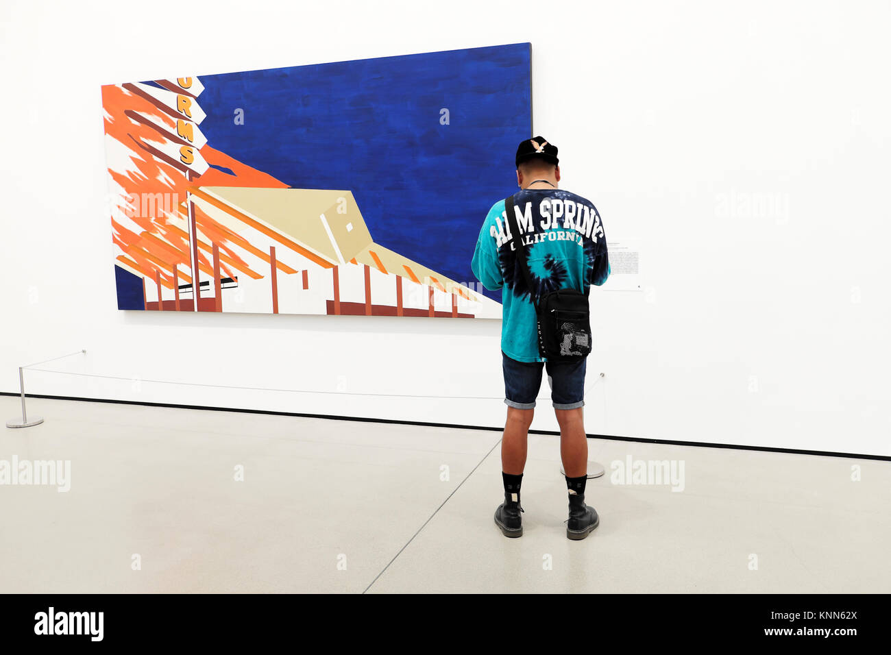 Rear view of a male visitor looking at Ed Ruscha painting "Norm's La ...