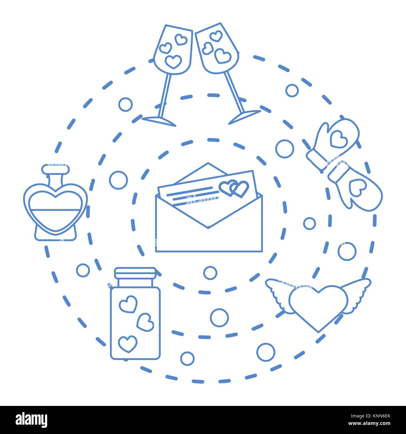 Romantic symbols arranged in a circle. Stemware, envelope with letter ...