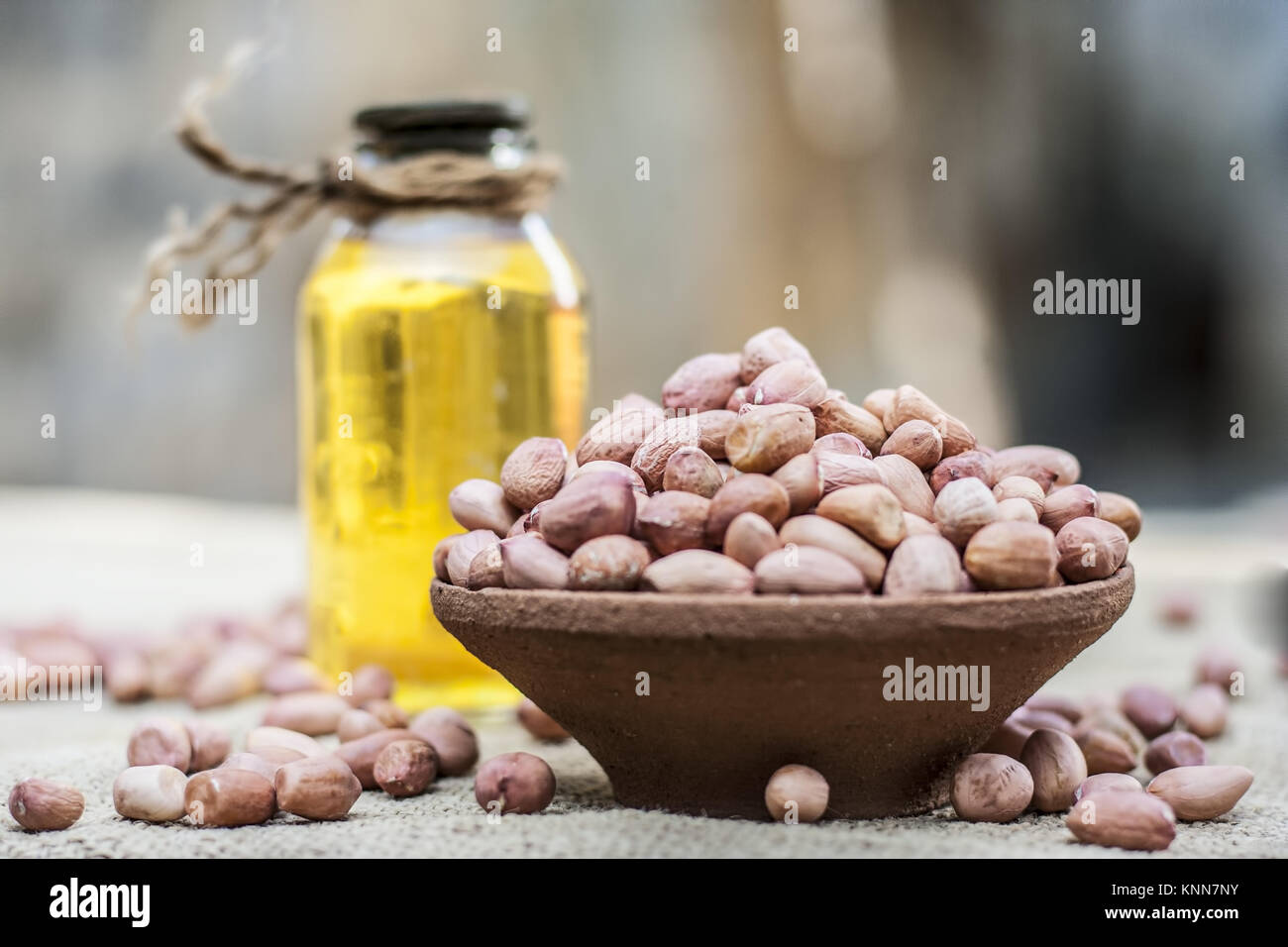 [Arachis hypogaea] Raw Groundnut in a clay bowl with groundnut oil on a ...