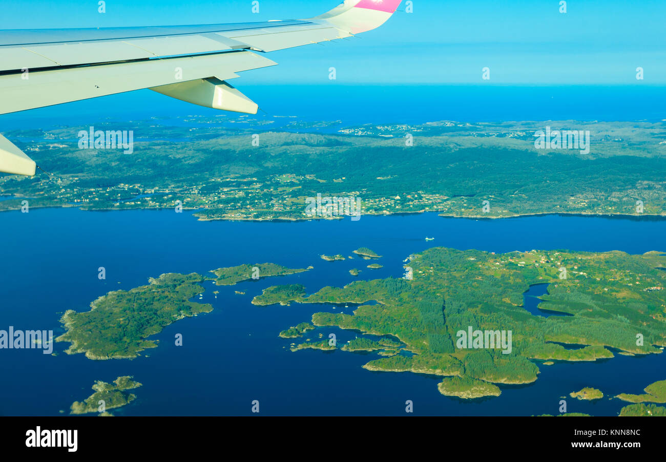 Birds eye. View from window of plane airplane flying over Norway ...