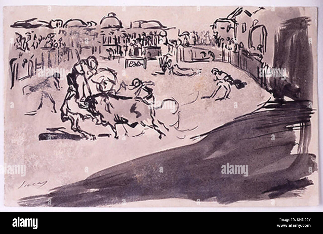 A drawing by Constantin Guys depicting a bullfight scene, created in ...