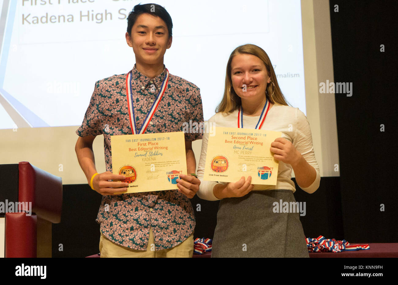Samuel Stebbins, left, a student from Kadena High School, and Anna ...