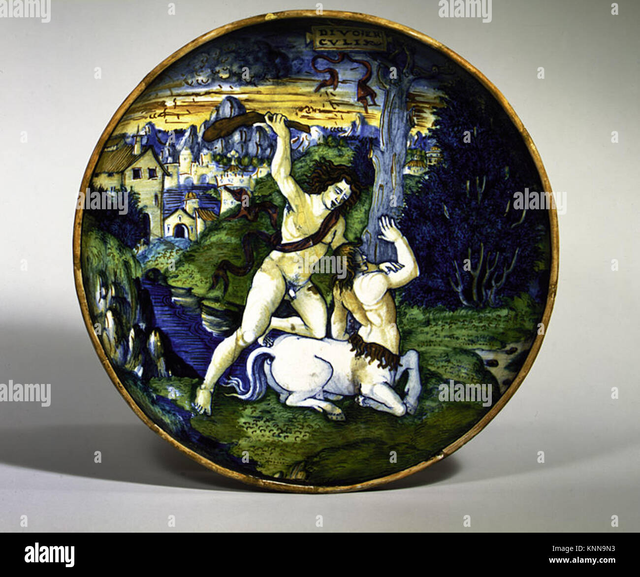 Illustration of a coppa dish depicting Hercules slaying the centaur Nessus, showing mythological ...