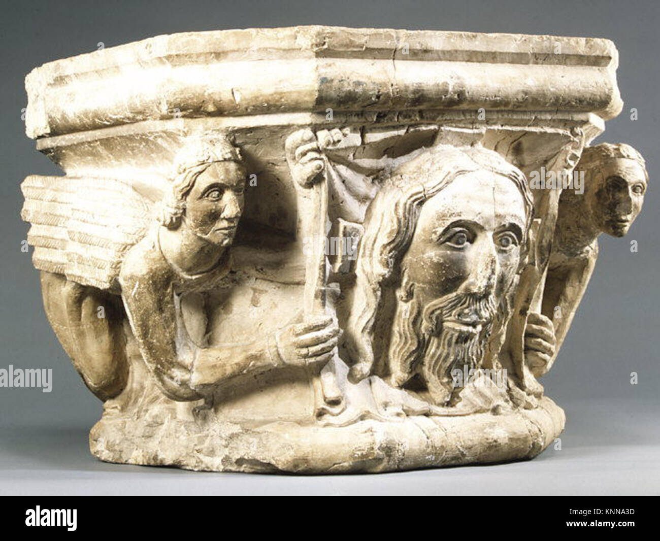 North Italian limestone capital with angels holding the veil of Saint ...