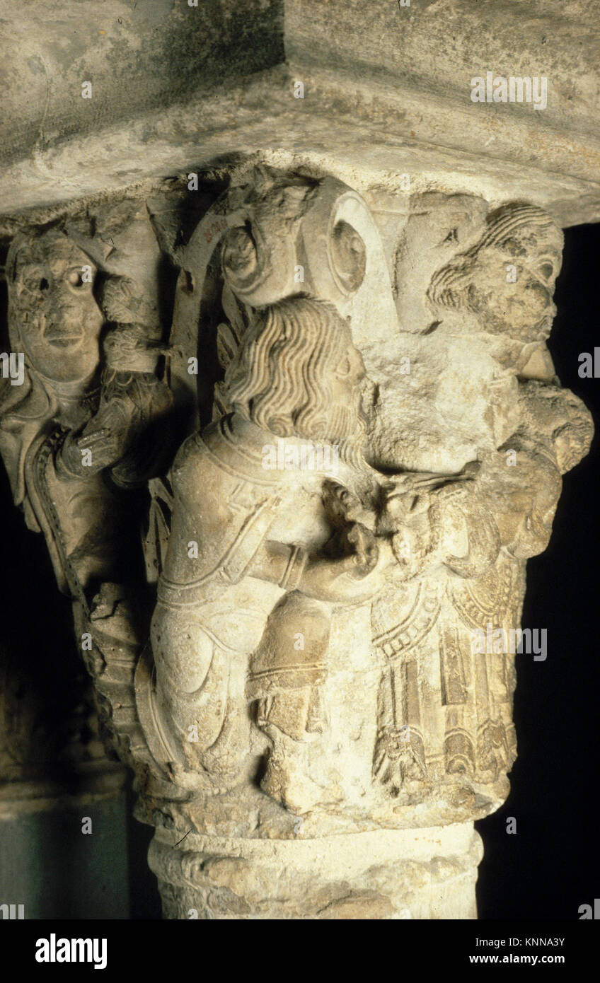 A Romanesque capital from Saint-Guilhem Cloister depicting the ...