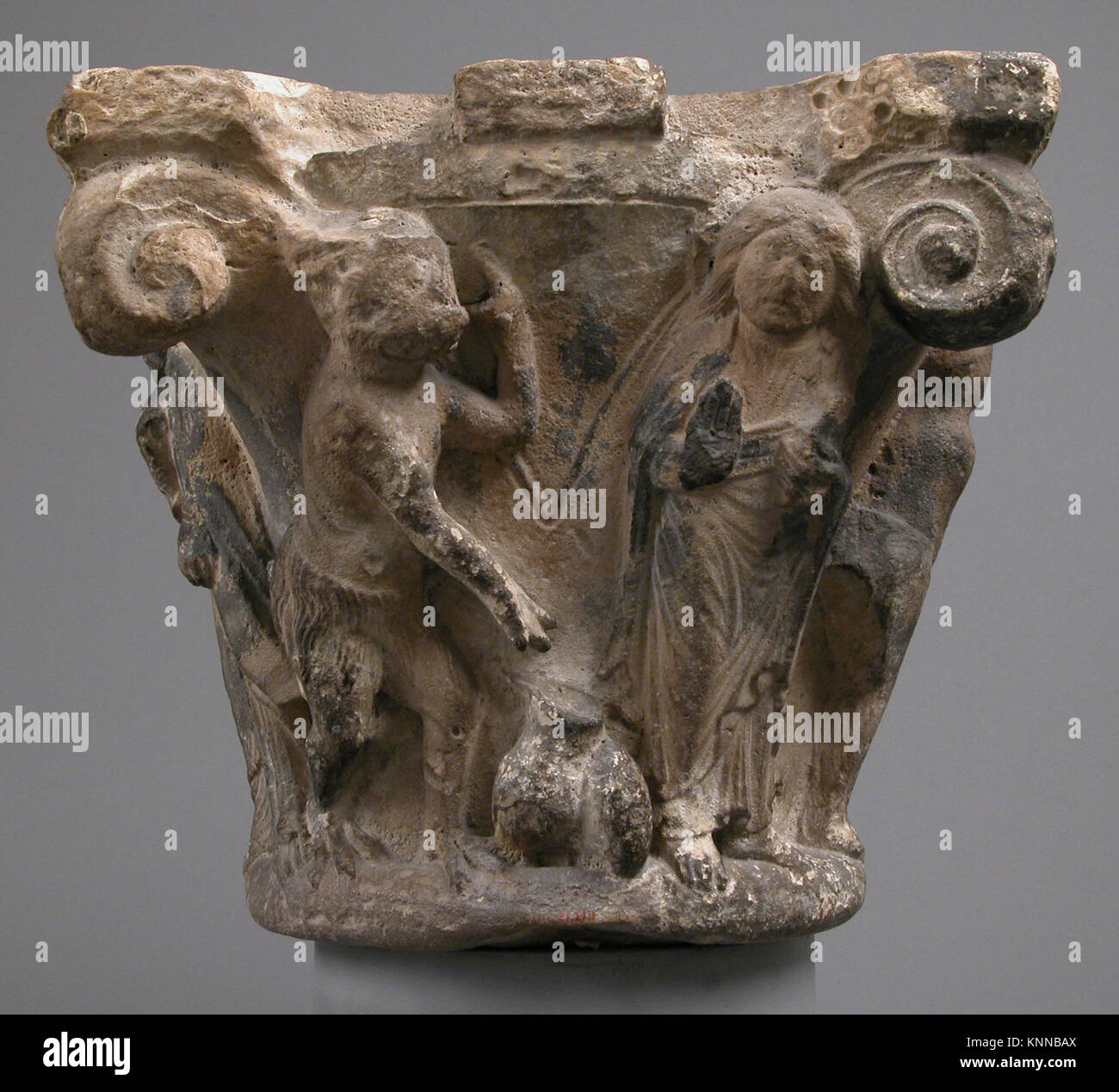 Stone capital depicting the biblical scene of the Temptation of Jesus ...
