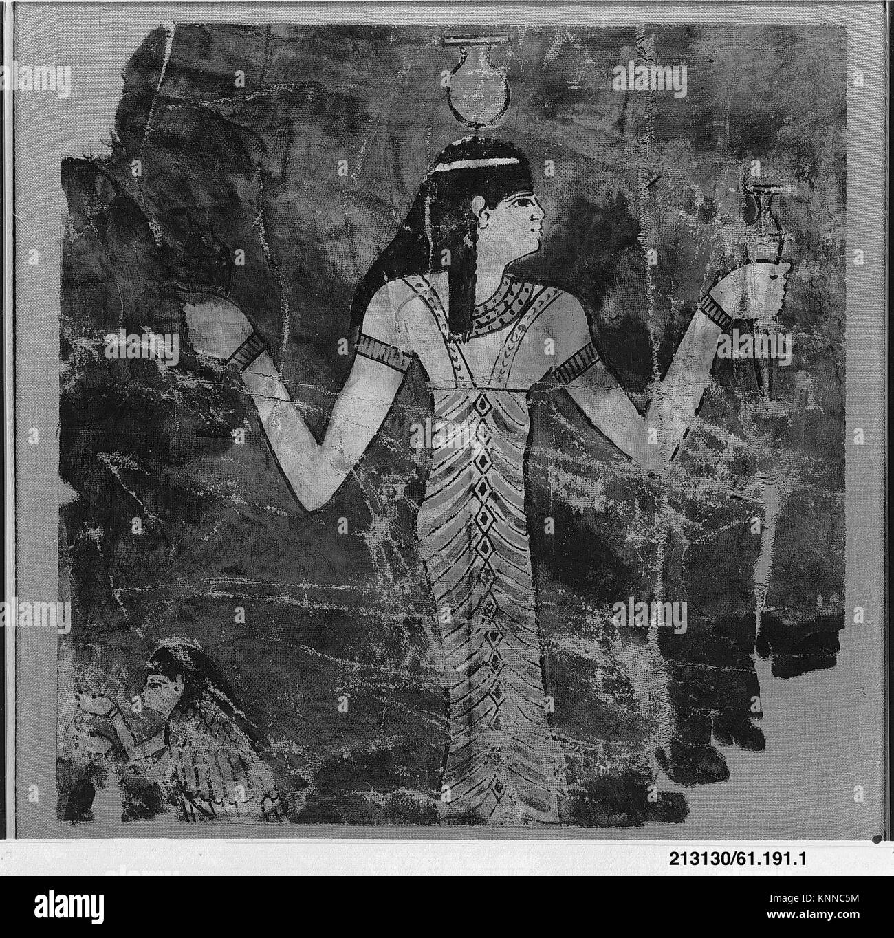 Fragment of a painted linen shroud, showing pigment, textile weave, and ...