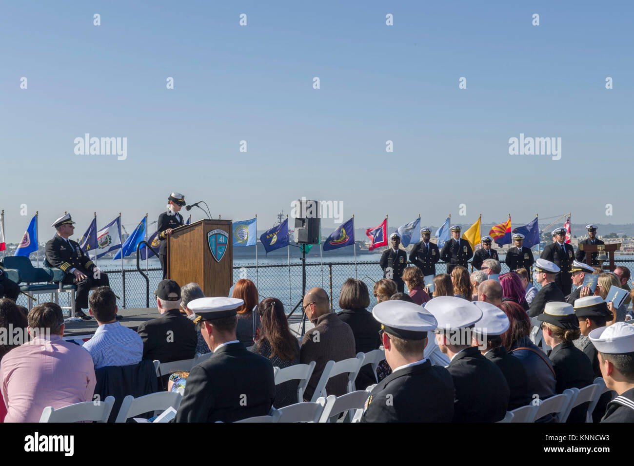 USS MIDWAY MUSEUM, Calif. (Dec 01, 2017) CDR Danielle Defant delivers ...