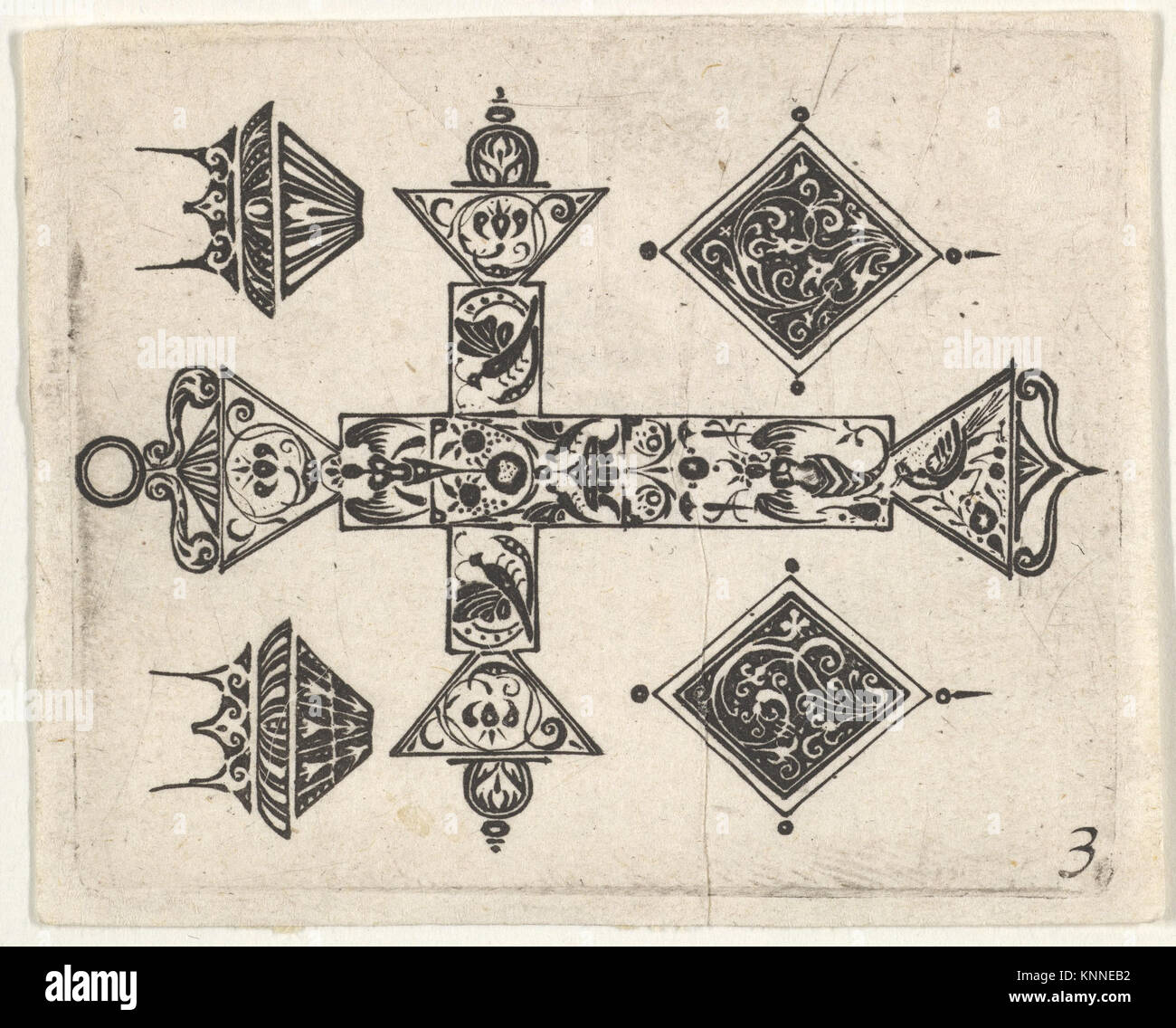 A blackwork print featuring a Latin cross and four decorative motifs ...