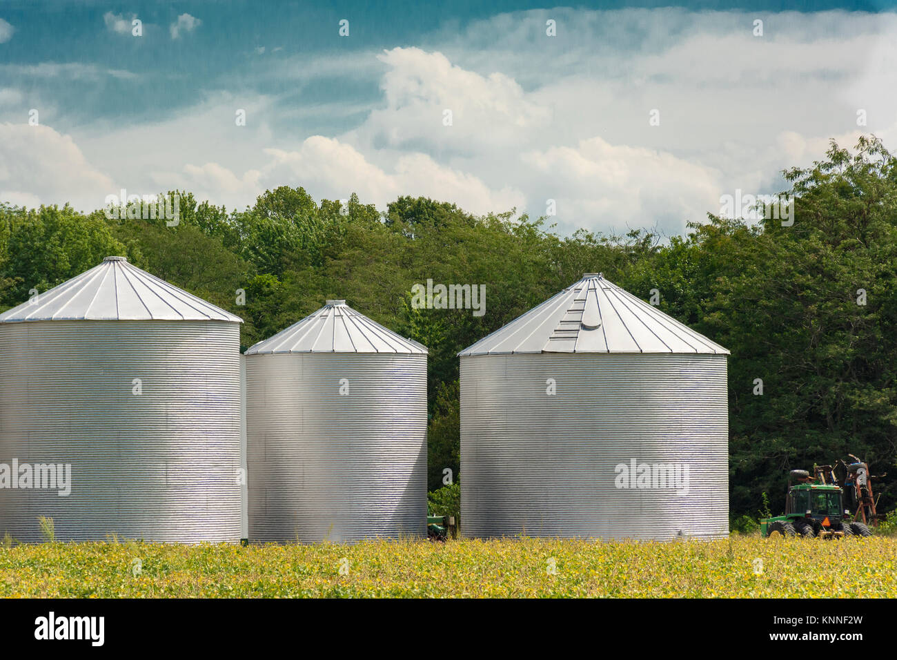 Grain storage bins along farm field in rural Illinois Stock Photo - Alamy