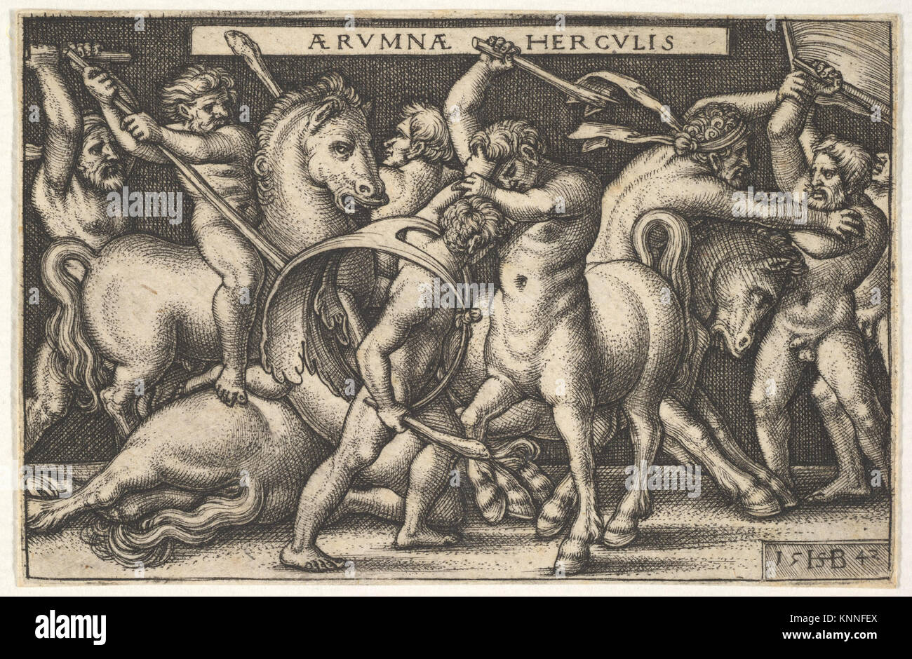 Hercules with his club in center fighting a centaur, other men fighting ...