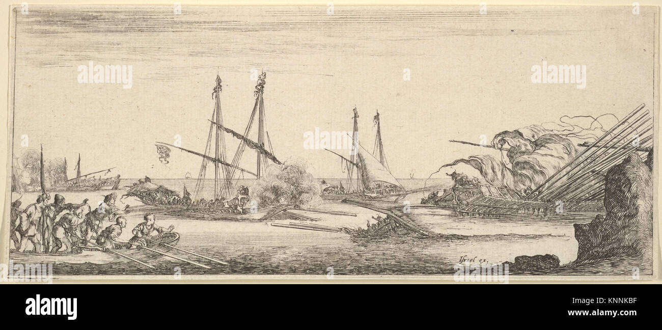 A painting depicting a naval battle with multiple ships, a rowboat of ...